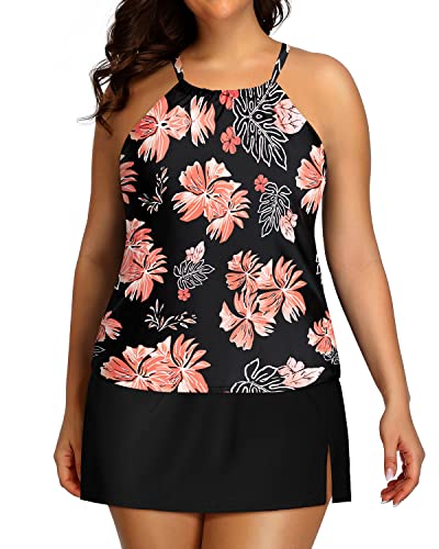 Womens Two Piece Plus Size Tankini Tummy Control High Neck Swimsuits