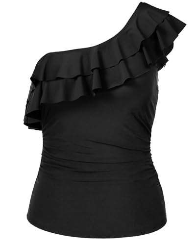 Womens One Shoulder Tankini Tops Ruffle Swim Tops Strapless Bathing Su ...