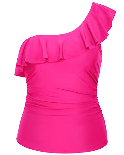 Slimming One Shoulder Tankini Tops Ruched For Women-Neon Pink – Yonique