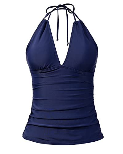 Sexy Deep V Neck Ruched Tankini Tops For Women Swimwear-Navy Blue – Yonique