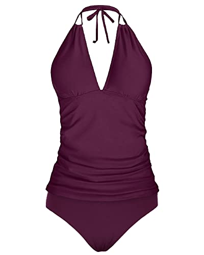 Backless Halter Tankini Swimsuits Ruched Bathing Suit-Maroon – Yonique