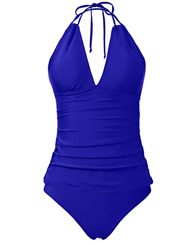 Two Piece Halter Tankini Swimsuits Bikini Bottom For Women-Royal Blue ...
