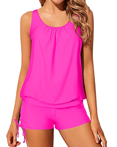 Loose Fit Women's Blouson Tankini Swimwear Modest Coverage-Neon Pink ...