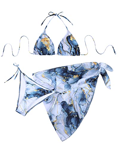 Tie-Side Bikini Bathing Suit Mesh Beach Skirt For Women-Blue Marble ...