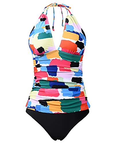 Halter V Neck Tankini Swimsuits Bikini Bottom Tummy Control Bathing Su ...