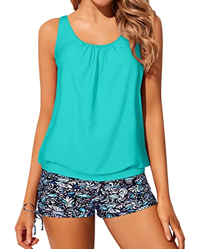 Modest Neckline Blouson Tankini Swimsuits For Women Tops Boyshorts-Lig ...