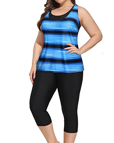 Slimming Plus Size Swimsuits For Women Sports Bra & Swim Capris-Blue A ...