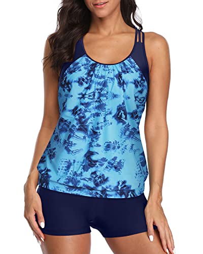 Racerback Sporty Tankini Tops For Women Modest Coverage-Blue Tie Dye ...