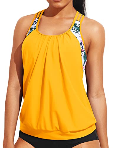 Ladies Tummy Control Long Swim Tank Top Modest Tankini Swimsuit-Yellow ...