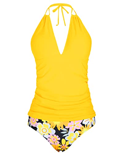 Ruched Bathing Suit Plunge Deep V Neck Two Piece Tankini-Yellow Flower ...