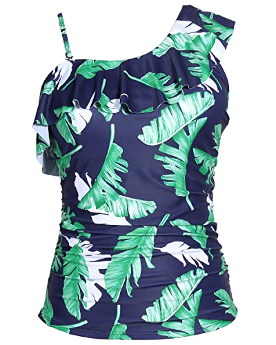Form Fitting Ruched One Shoulder Tankini Top Strapless Neckline-Blue L ...