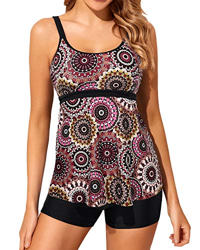 Two Piece Tankini Bathing Suits For Women Swimwear Boy Shorts-Brown Pr ...