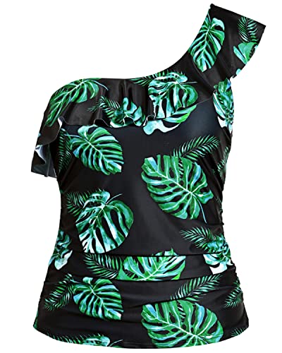 One Shoulder Tankini Tops Ruffle Flounce Ruched Swimsuit Tops-Black An ...