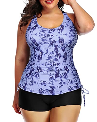 Push Up Bra Tighten Drawstring Pleated Hem Strappy Tankini-Blue Tie Dy ...