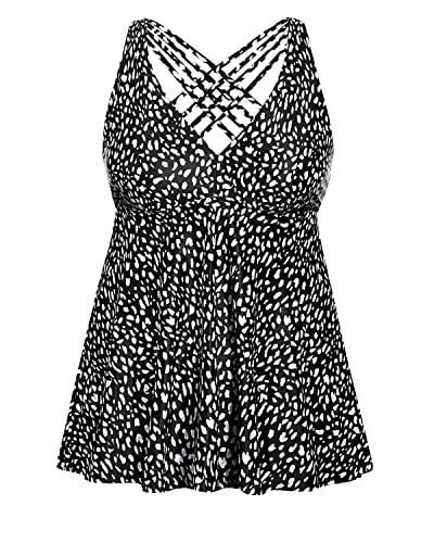 Long Plus Size Tankini Top Flyaway Hem For Women-Black And White Dot ...