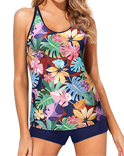 Tummy Control Two Piece Tankini Set For Women Boy Shorts-Blue Leaves ...