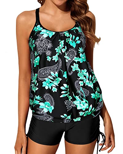 Women's Push Up Criss Cross Back Blouson Tankini Swimsuits-Green Paisl ...