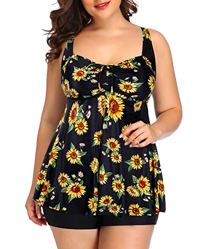 Full Coverage Boyleg Tankini Swimsuits Shorts-Black And Sunflower – Yonique