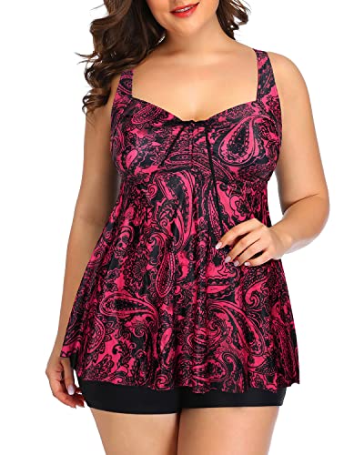 Flyaway Plus Size Tankini Swimsuits For Women Shorts-Red Paisley – Yonique