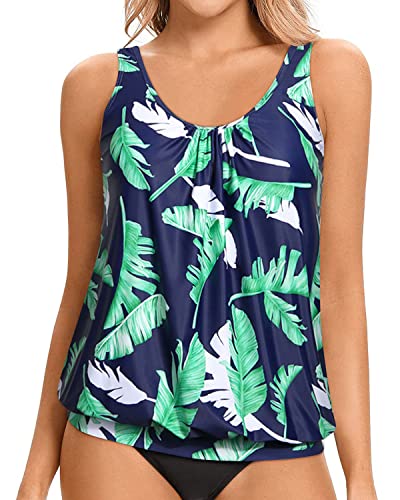 Women's Tankini Tops Modest And Flattering Blouson Style-Blue Leaf ...