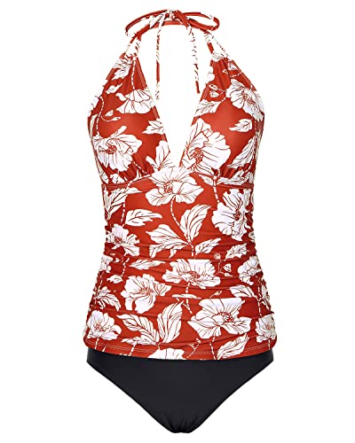 Tummy Control Halter Tankini Swimsuits Bikini Bottom For Women-Red Flo ...