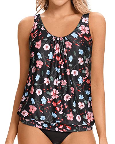 Flattering Black Scoop Neck Swim Top For Women-Black Floral – Yonique