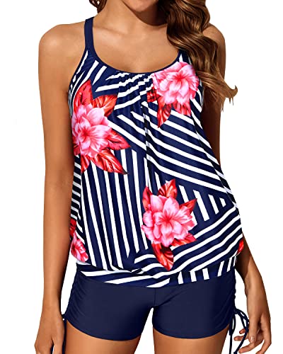 Full Coverage Drawstring Boyleg Bottom Womens Blouson Tankini Swimsuit ...