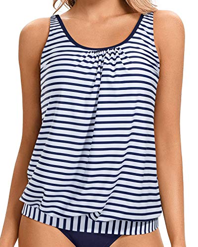 Modest Scoop Neck Blouson Tank Top Women's Tankini Tops Only-Blue And ...
